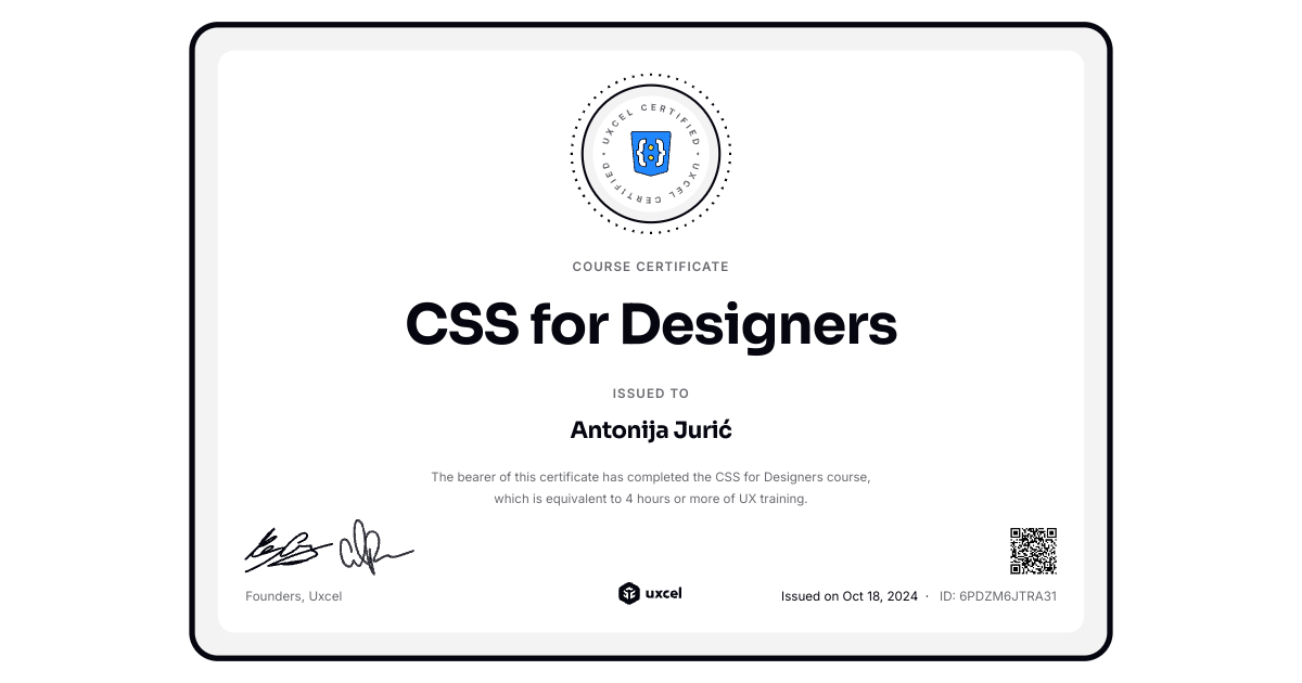 Certificate of completion for CSS Foundations | Uxcel